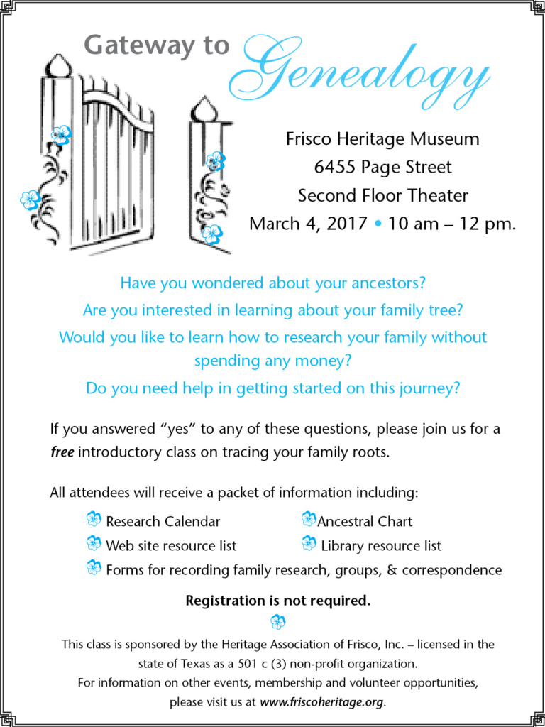 Genealogy Class Flyer | Heritage Association of Frisco, Inc